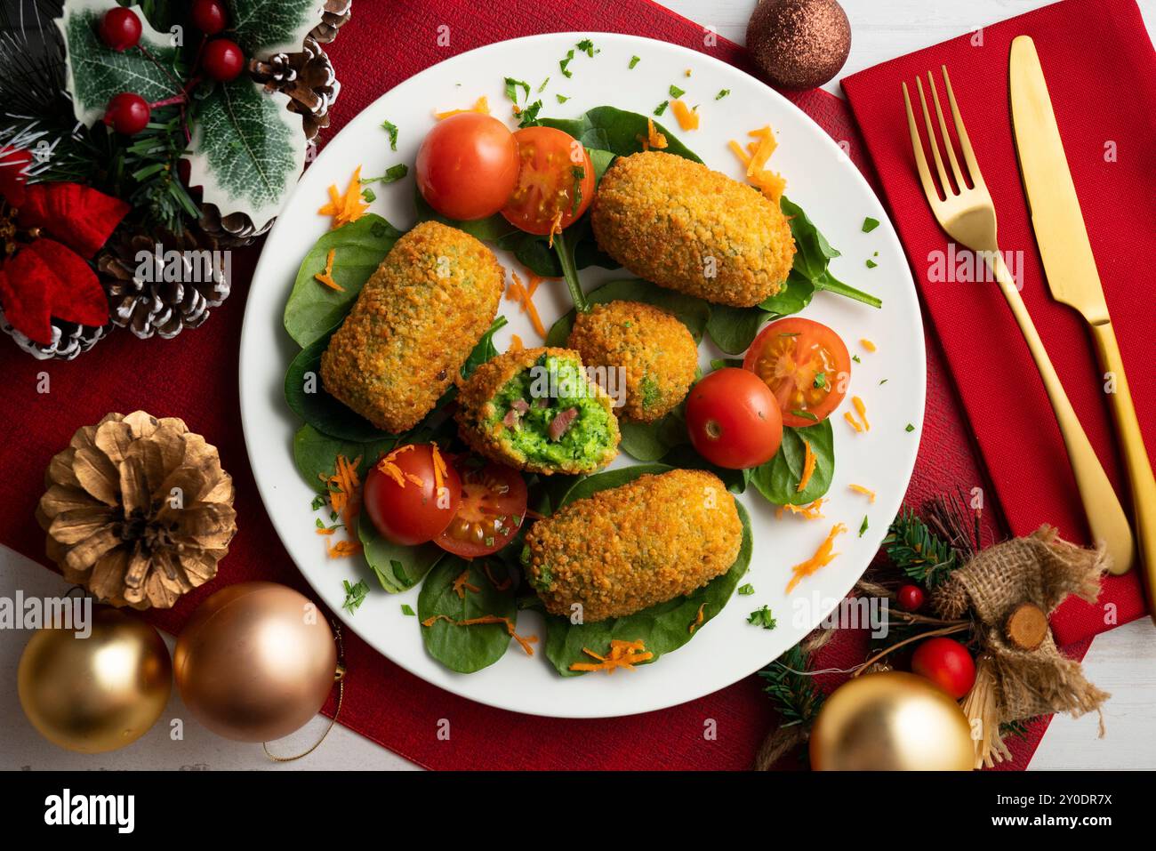 Tapa of Spanish croquettes with spinach bechamel and Iberian ham. Top ...