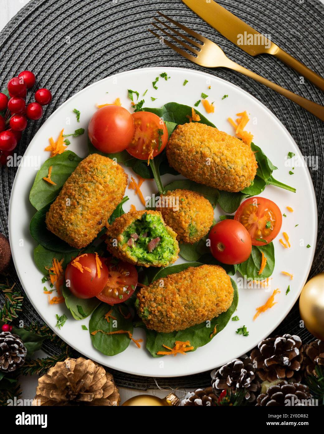 Tapa of Spanish croquettes with spinach bechamel and Iberian ham. Top ...