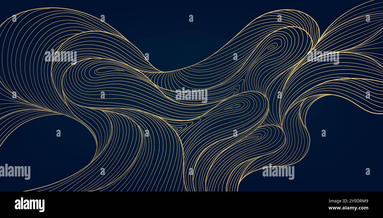 Vector art deco line gold wave background, abstract water texture ...