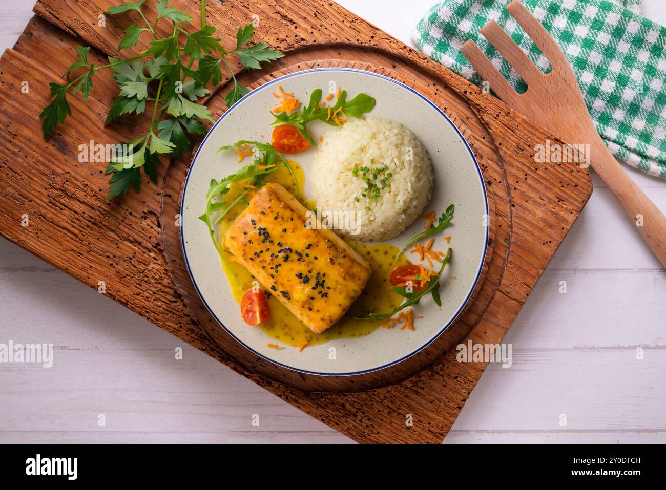 Baked salmon with orange sauce. Top view table with decoration Stock ...
