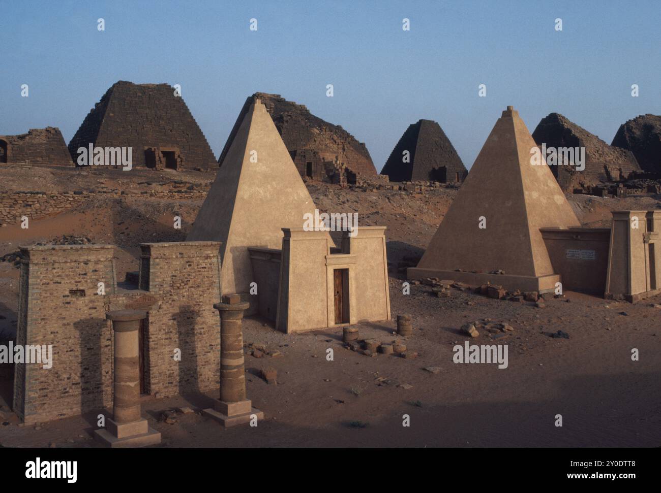 Pyramids line a river shore, Sudan Stock Photo - Alamy