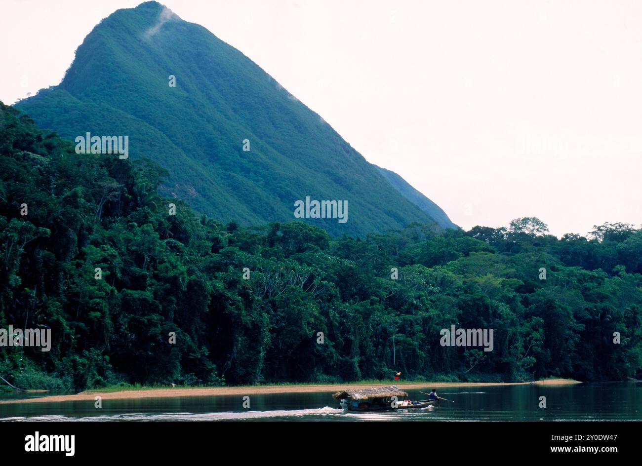 Motorized canoe called a bongo going up the Orinoco River in the ...