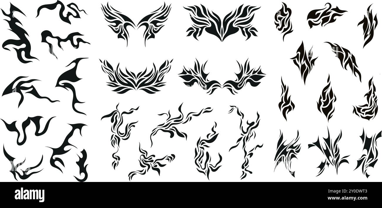 Vector set of y3k, gothic tattoos, signs, tribal icon silhouettes ...