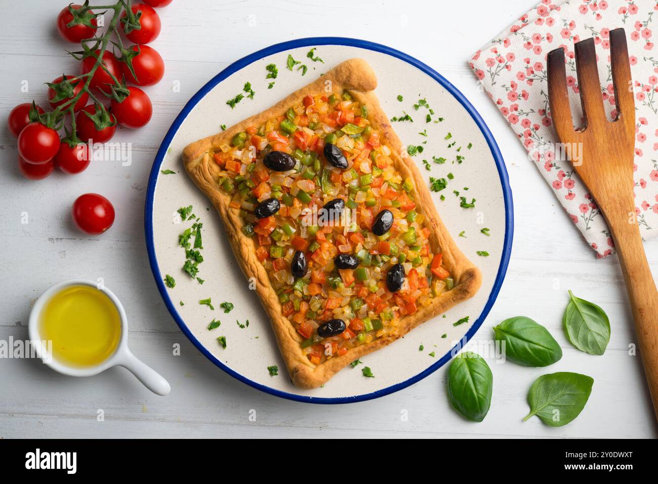 Coca de trampo mallorca with vegetables. Top view table with ...