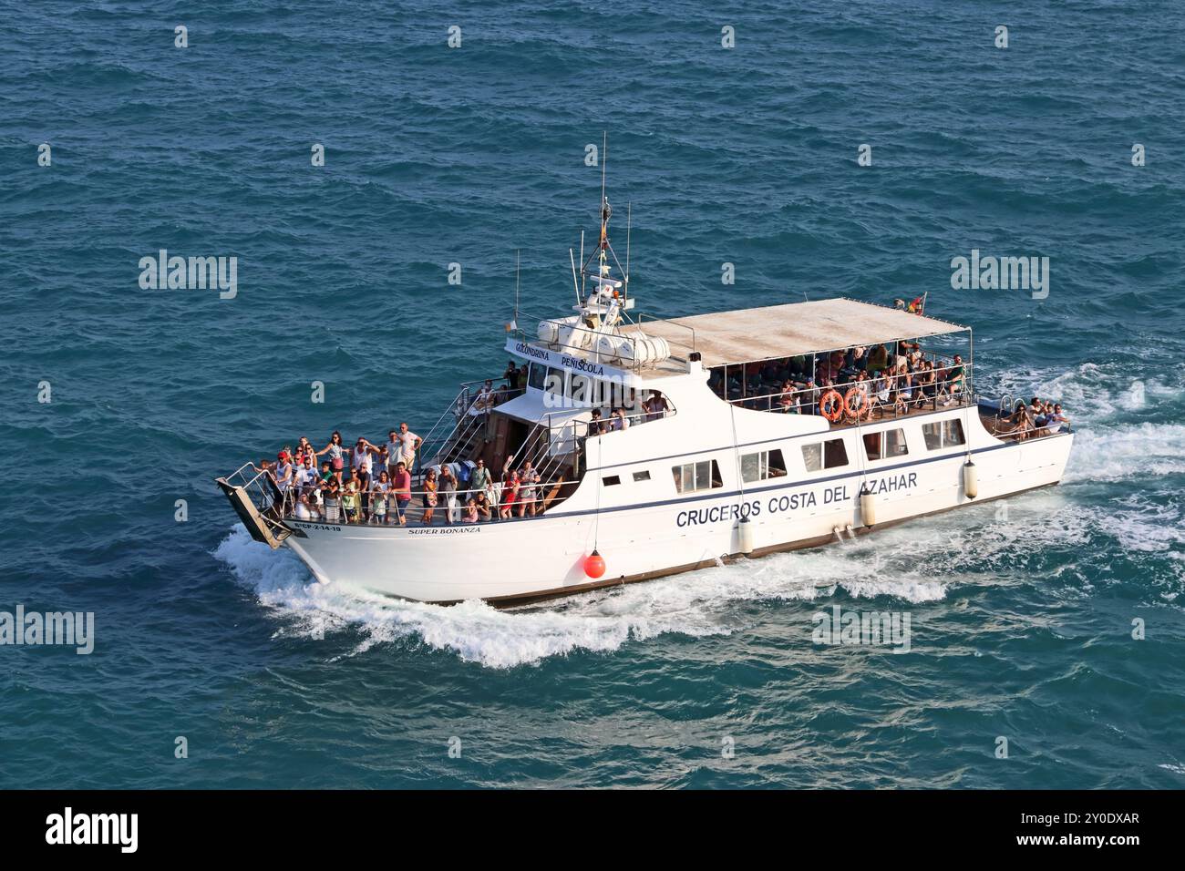 Tourist boat taking tourist on short sightseeing sea trips, Peniscola ...