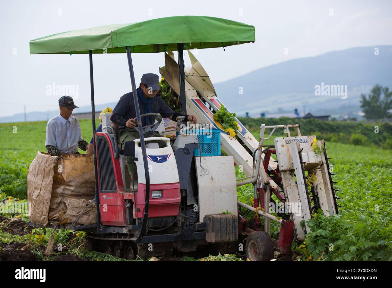 Farmers riding a tractor Stock Photo - Alamy