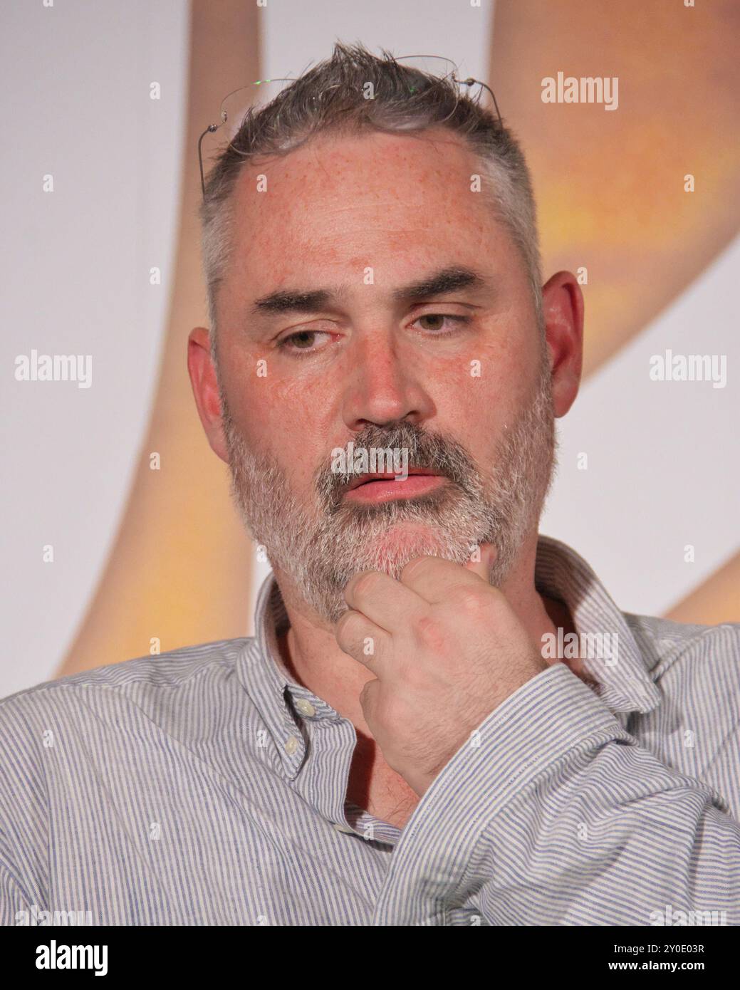 Director Alex Garland attends the stage greeting for the film "Civil ...