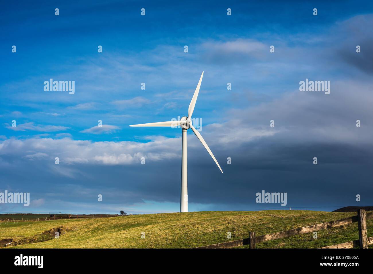a single wind turbine on a hill in the English countryside, Lancashire ...