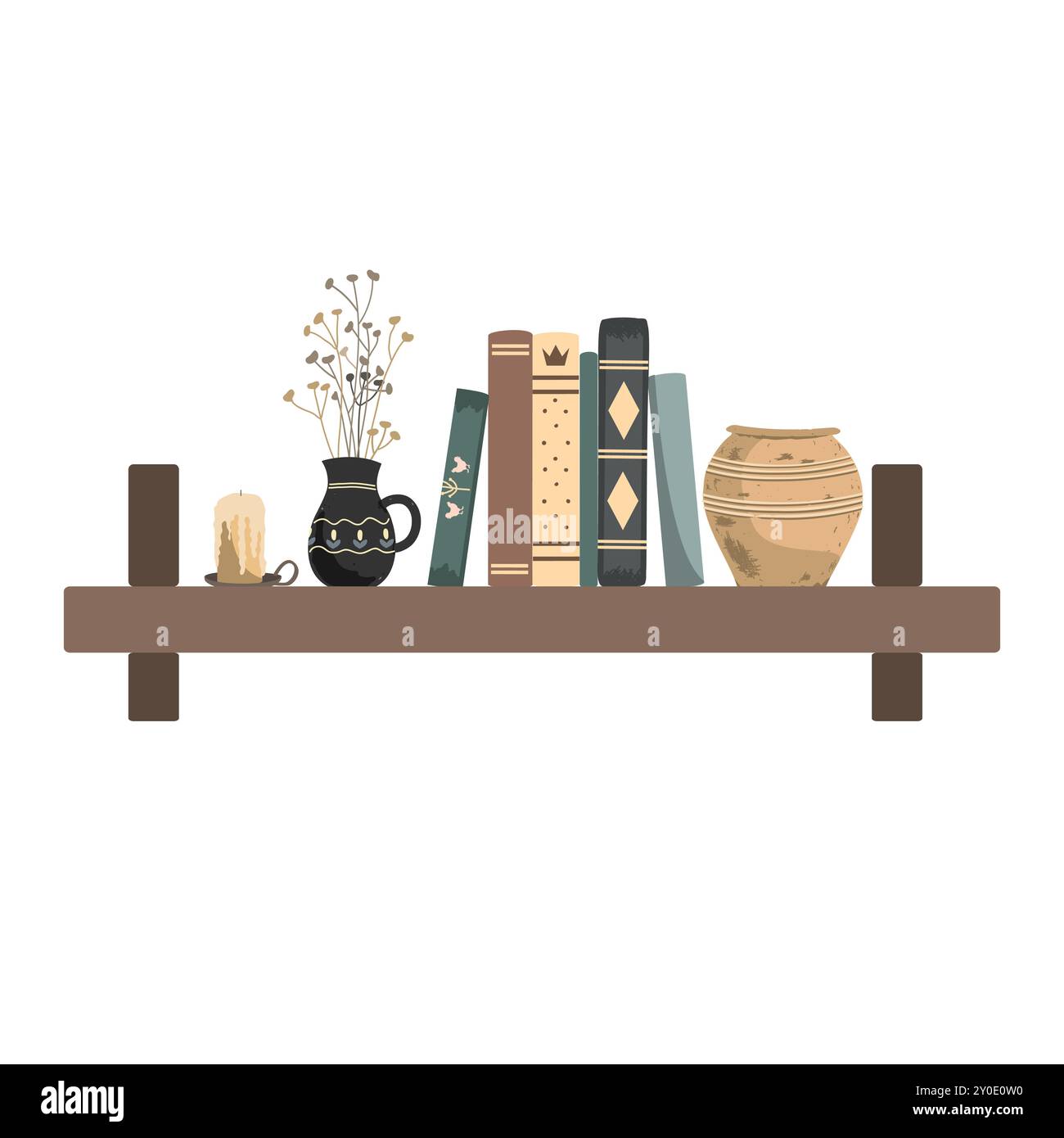 Old shelf with stack of vintage books, jug with dried herbs, candle ...