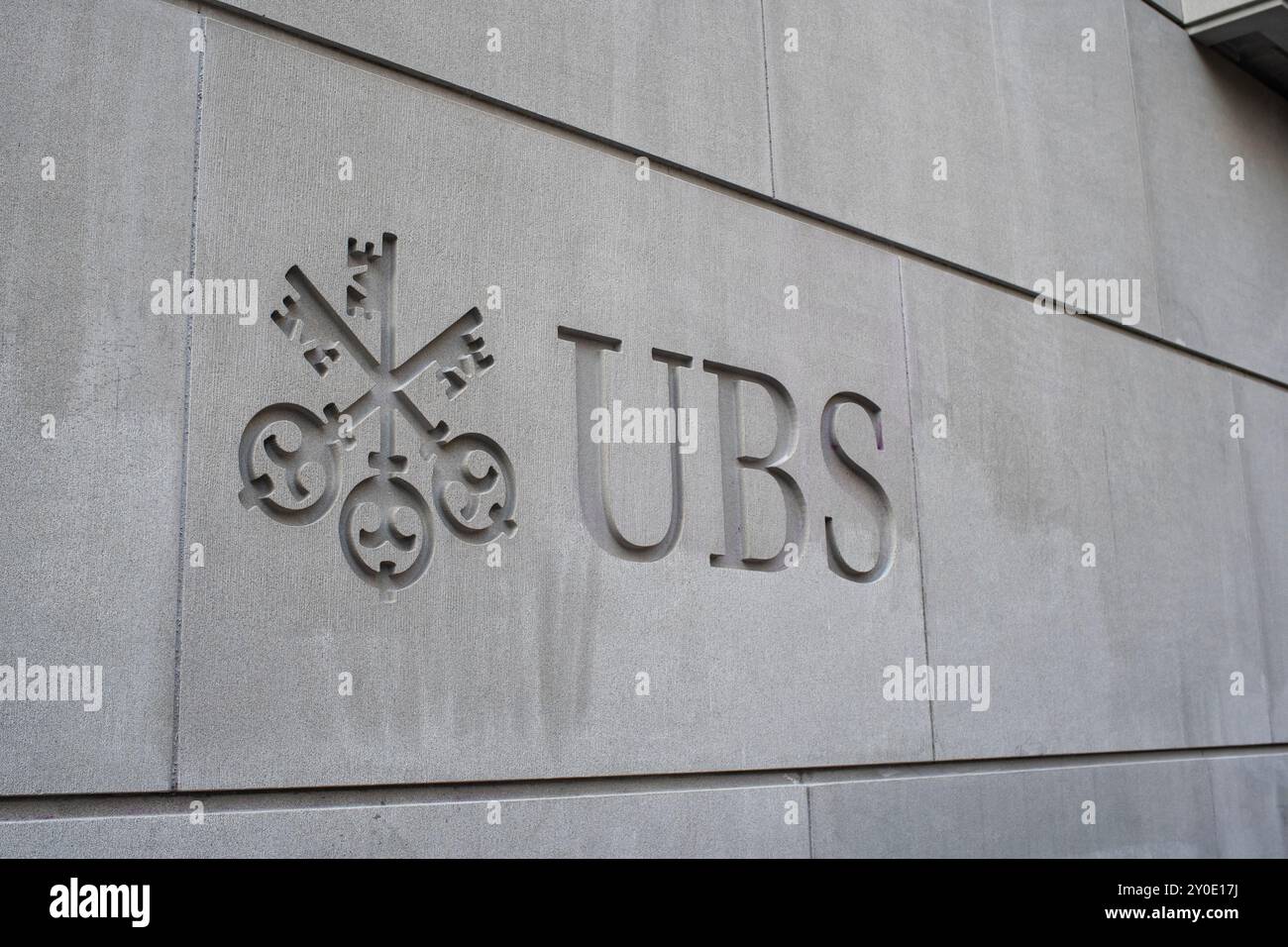 28-08-2024 Zurich, Switzerland. UBS bank writing and logo on one of the ...