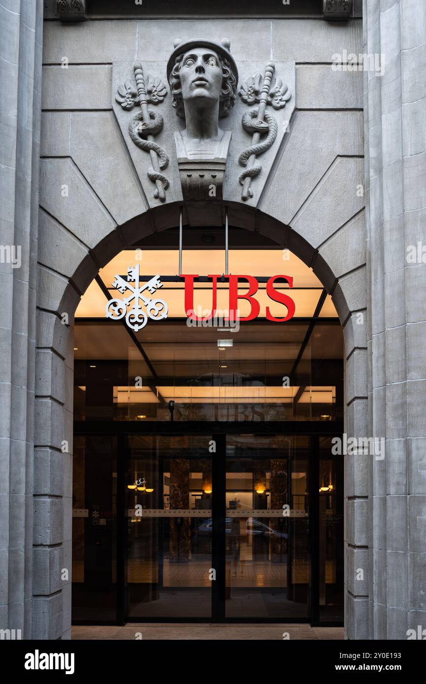 28-08-2024 Zurich, Switzerland. UBS bank building entrance on ...