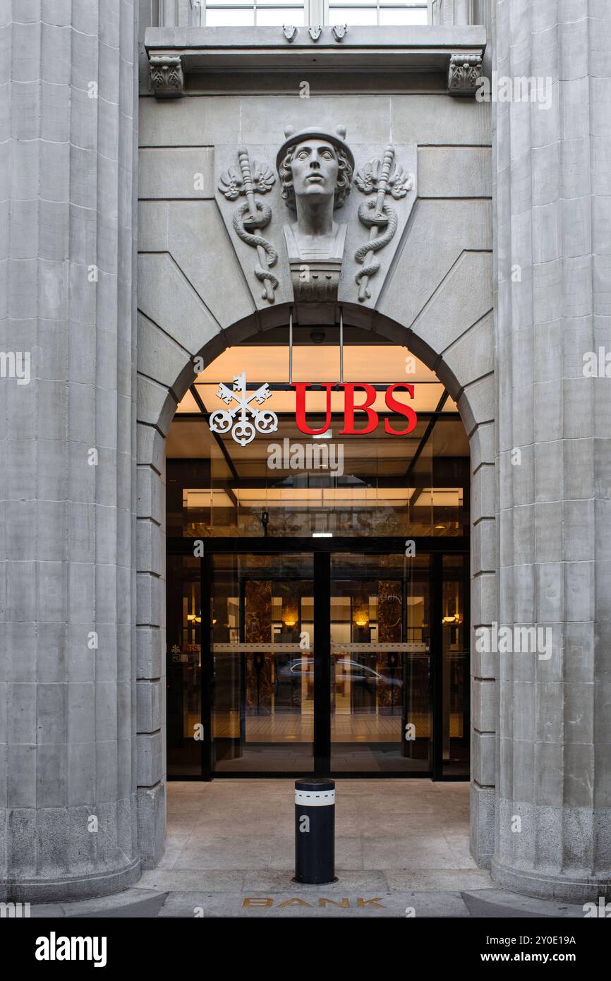 28-08-2024 Zurich, Switzerland. UBS bank building entrance on ...