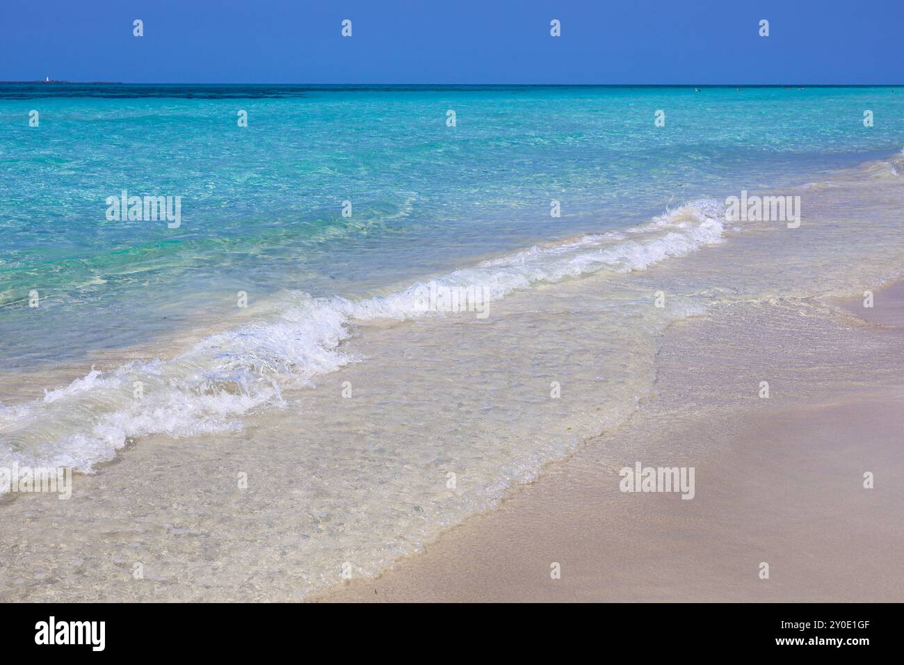 Empty sea beach with white sand, view to azure waves and blue sky ...