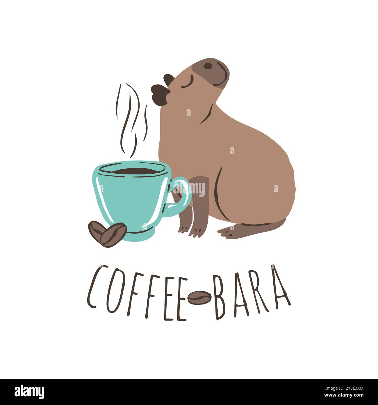 Funny Capybara with cup of cappuccino coffee and coffee beans ...