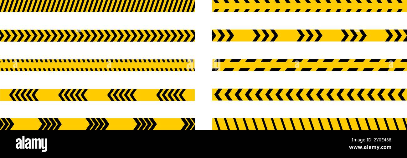 Set of horizontal caution tapes with black and yellow diagonal slashes ...