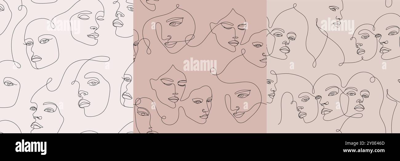 Vector set of seamless woman face one line patterns, female outline ...