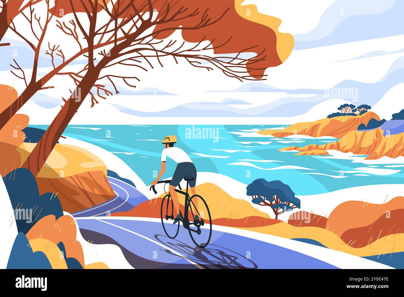 Cyclist riding coastal road scenic landscape nature vibrant colors ...