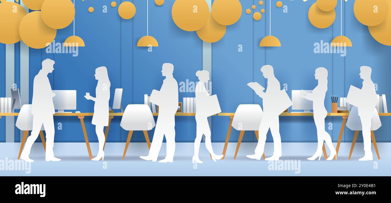 Office workers collaborating in modern workspace paper cut style ...