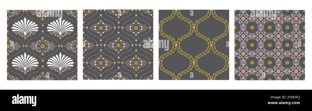 Set of 4 Seamless patterns with pink and gold anthemion floral shapes ...