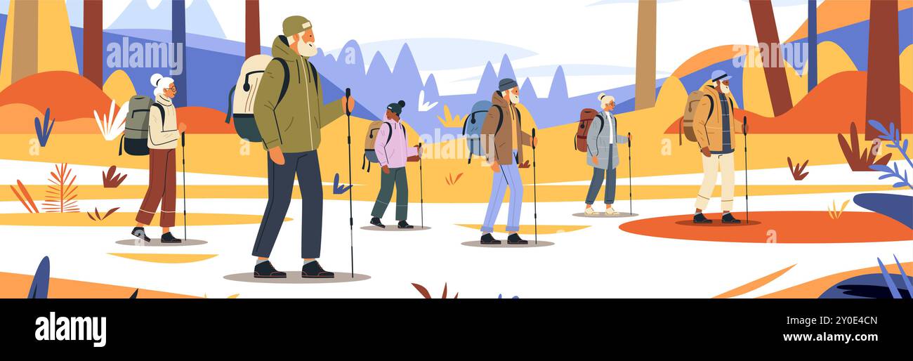 Hikers trekking in colorful autumn landscape mountains nature scenery ...