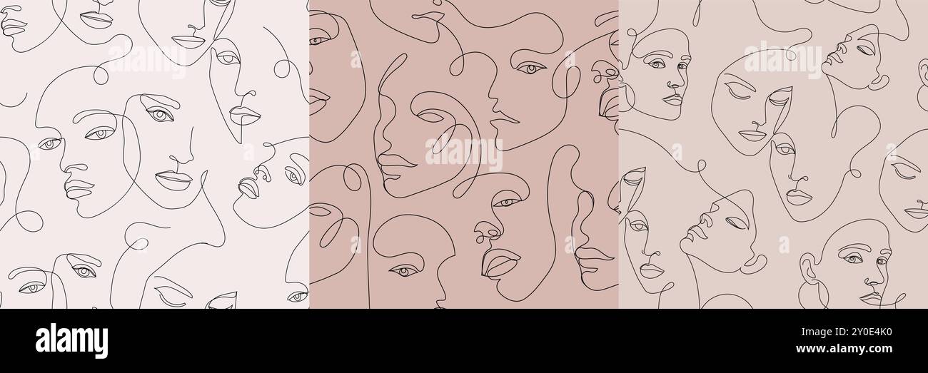 Vector set of seamless woman face one line patterns, female outline ...