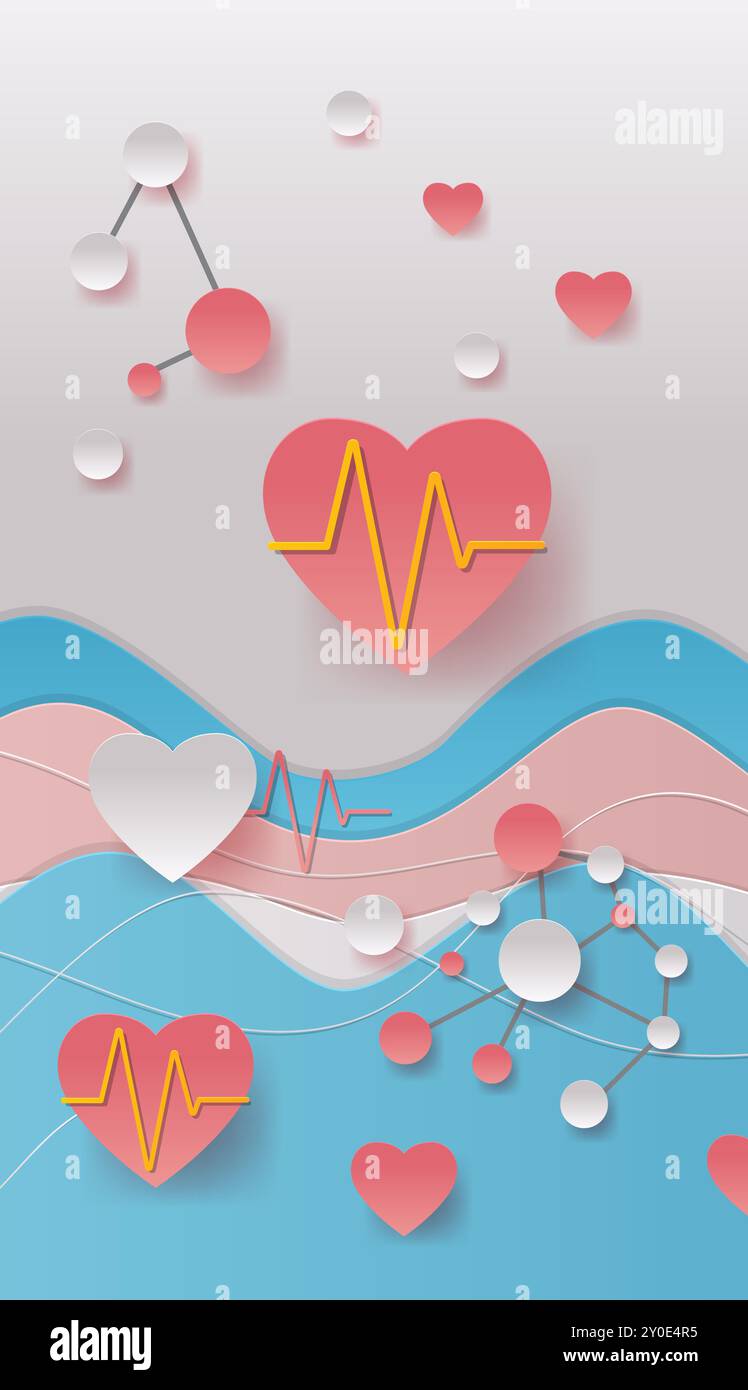 Heart with heartbeat medical theme. Paper cut style with hearts ...