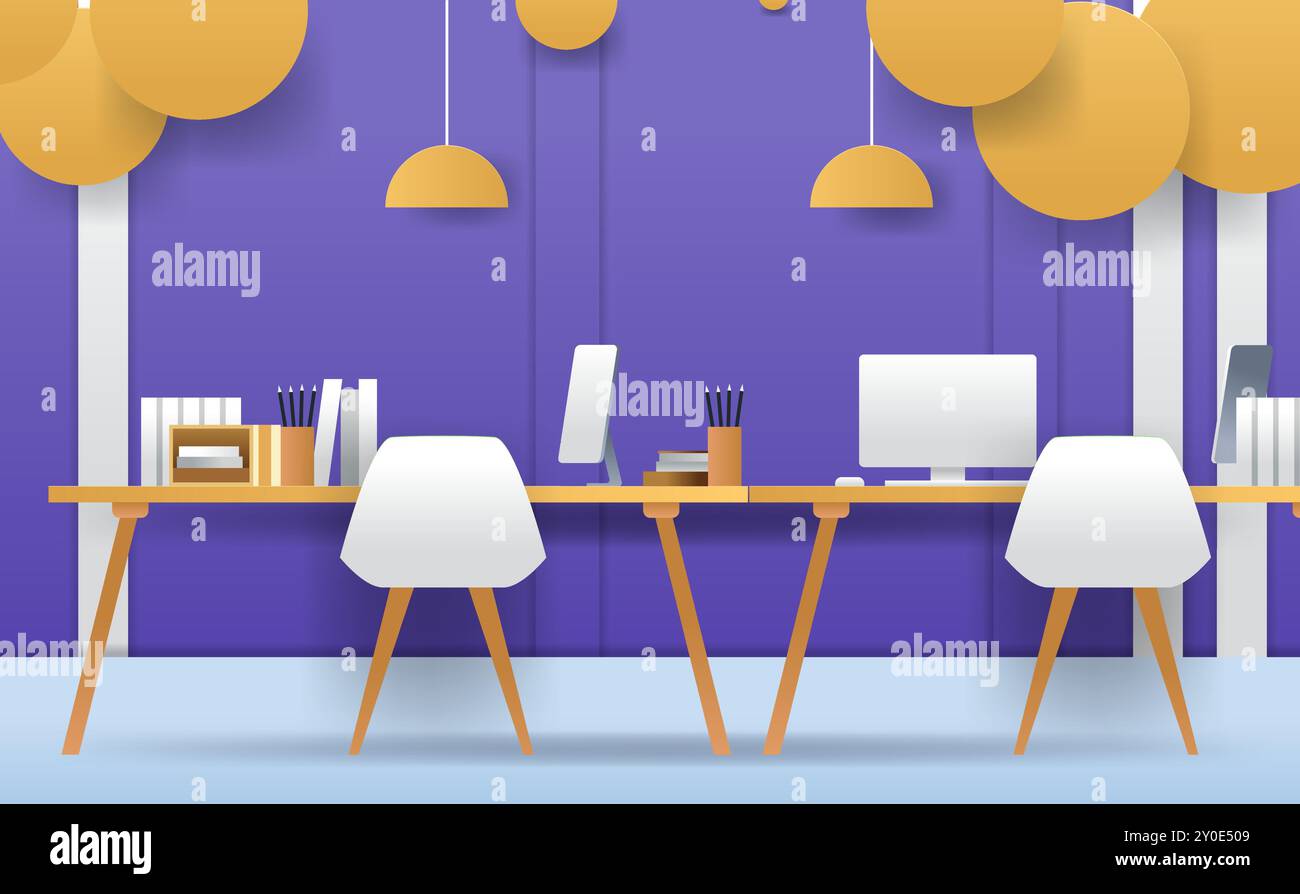 Modern office workspace with computers and chairs colorful minimalist ...