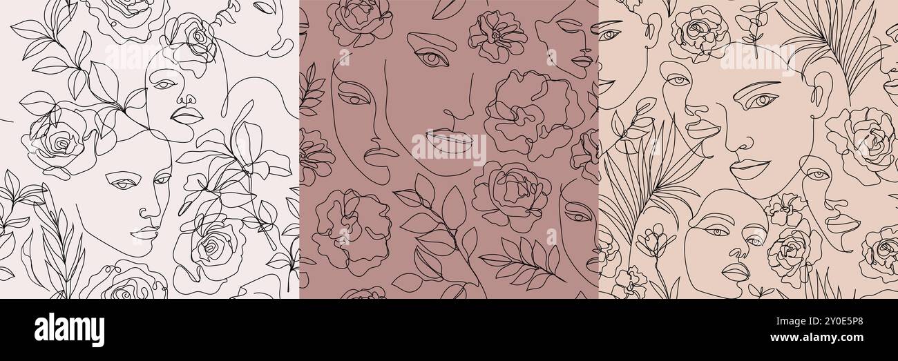 Vector set of seamless line woman face and flowers patterns. Continuous ...