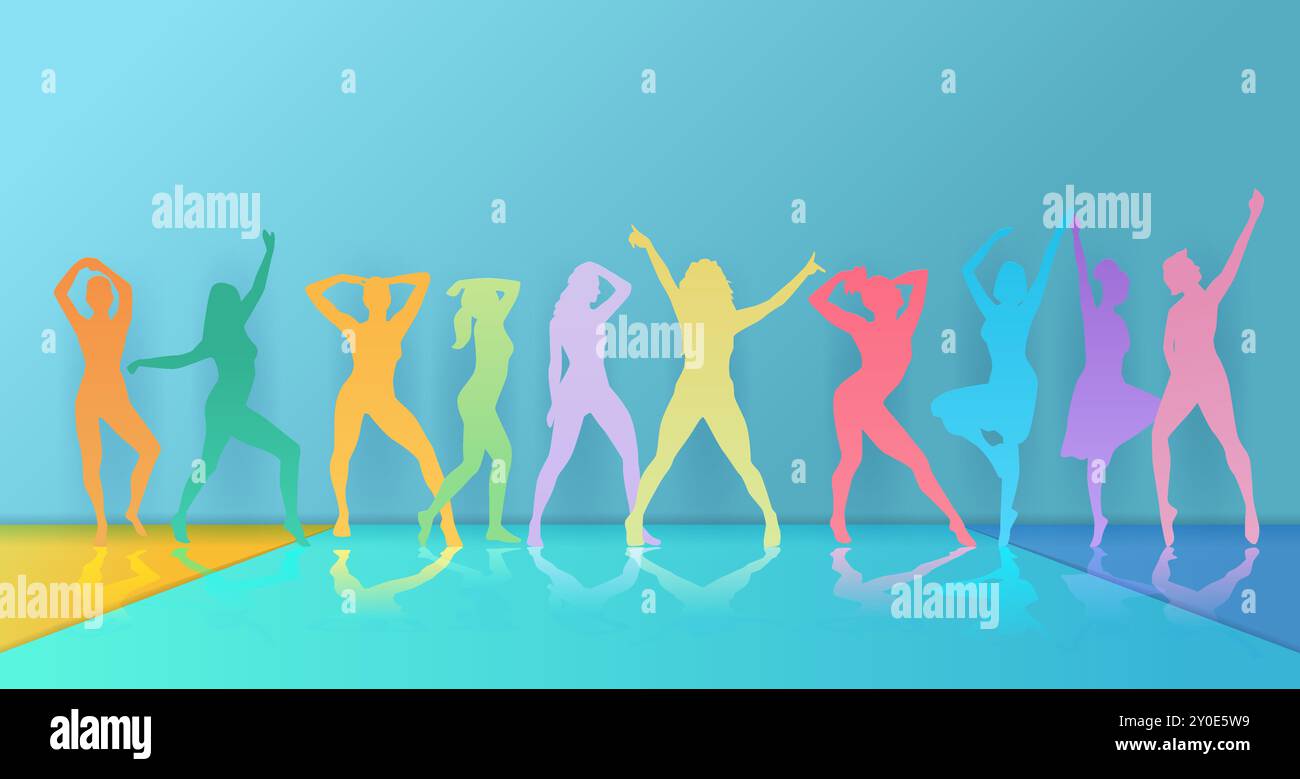 Colorful dancing silhouettes vibrant dance poses bright gradient ...
