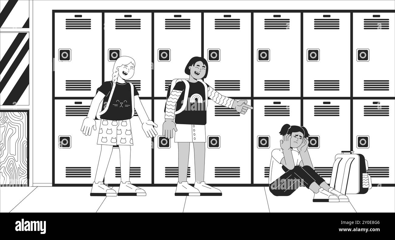 Laughing girls bullying scared classmate black and white line ...