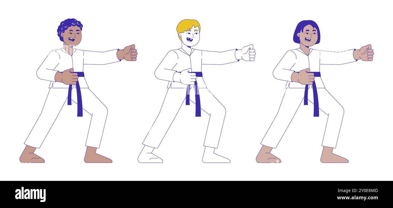 Martial arts kids standing in fighting stance 2D cartoon characters set ...