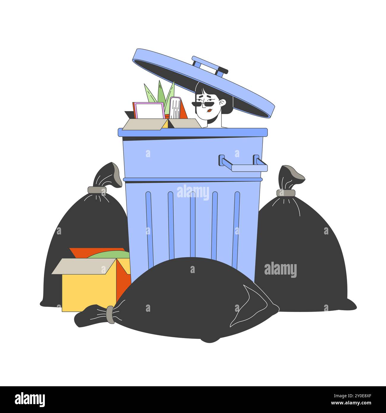 Korean woman with staff box in trash bin cartoon flat illustration ...