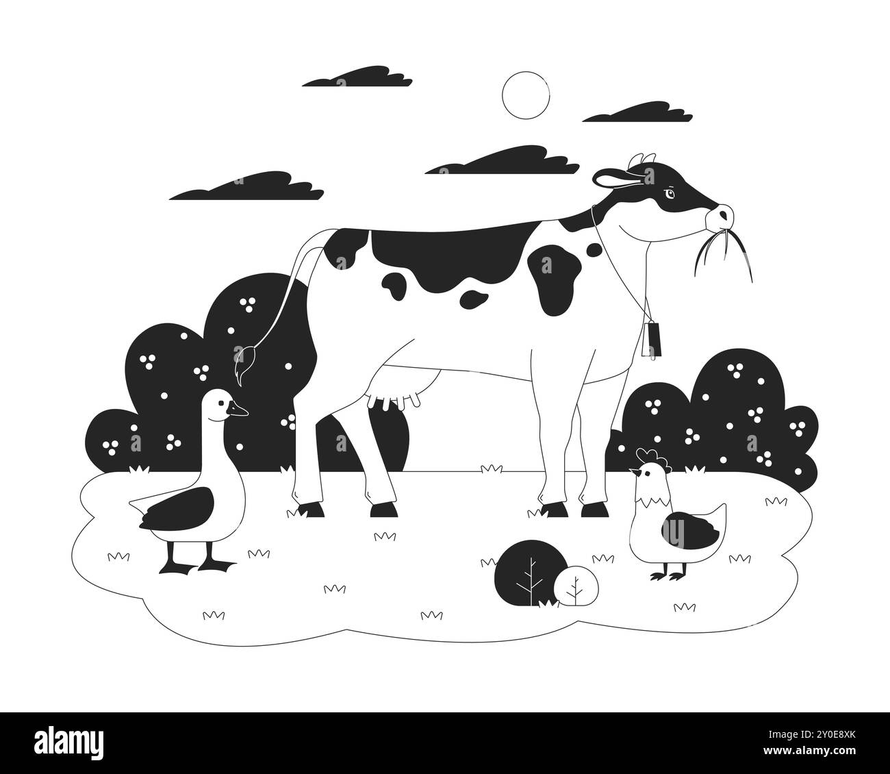 Cow, goose and chicken on farmyard cartoon black and white line ...