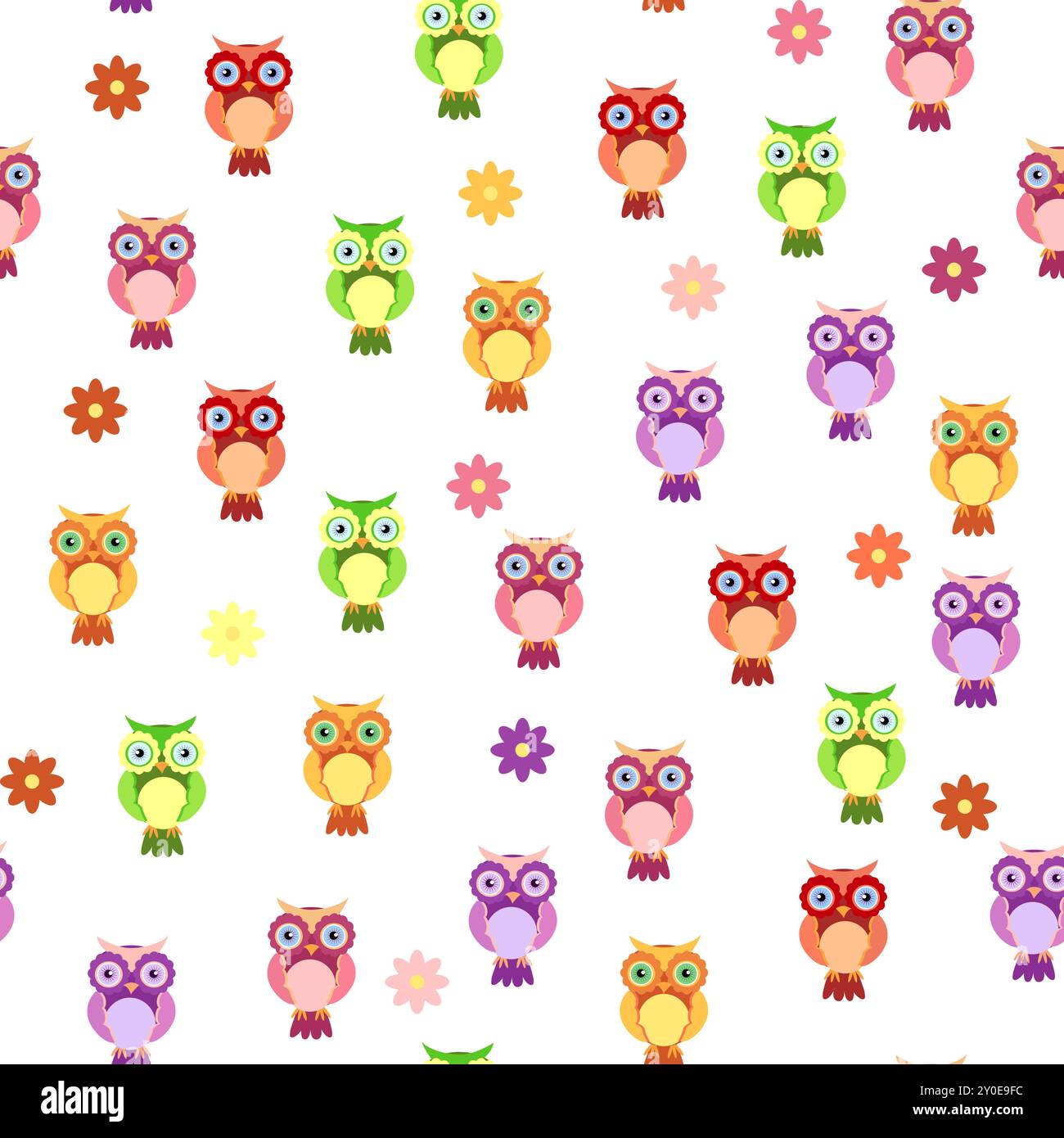 Seamless colorful owl pattern for children with flowers, clouds ...