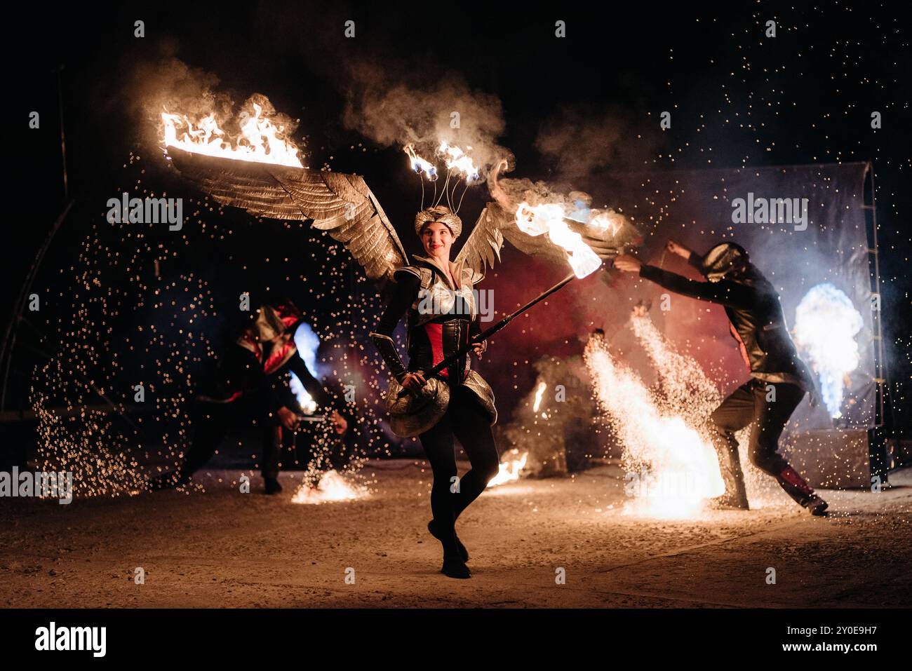 night performance open air fire show with dangerous kerosene Stock ...