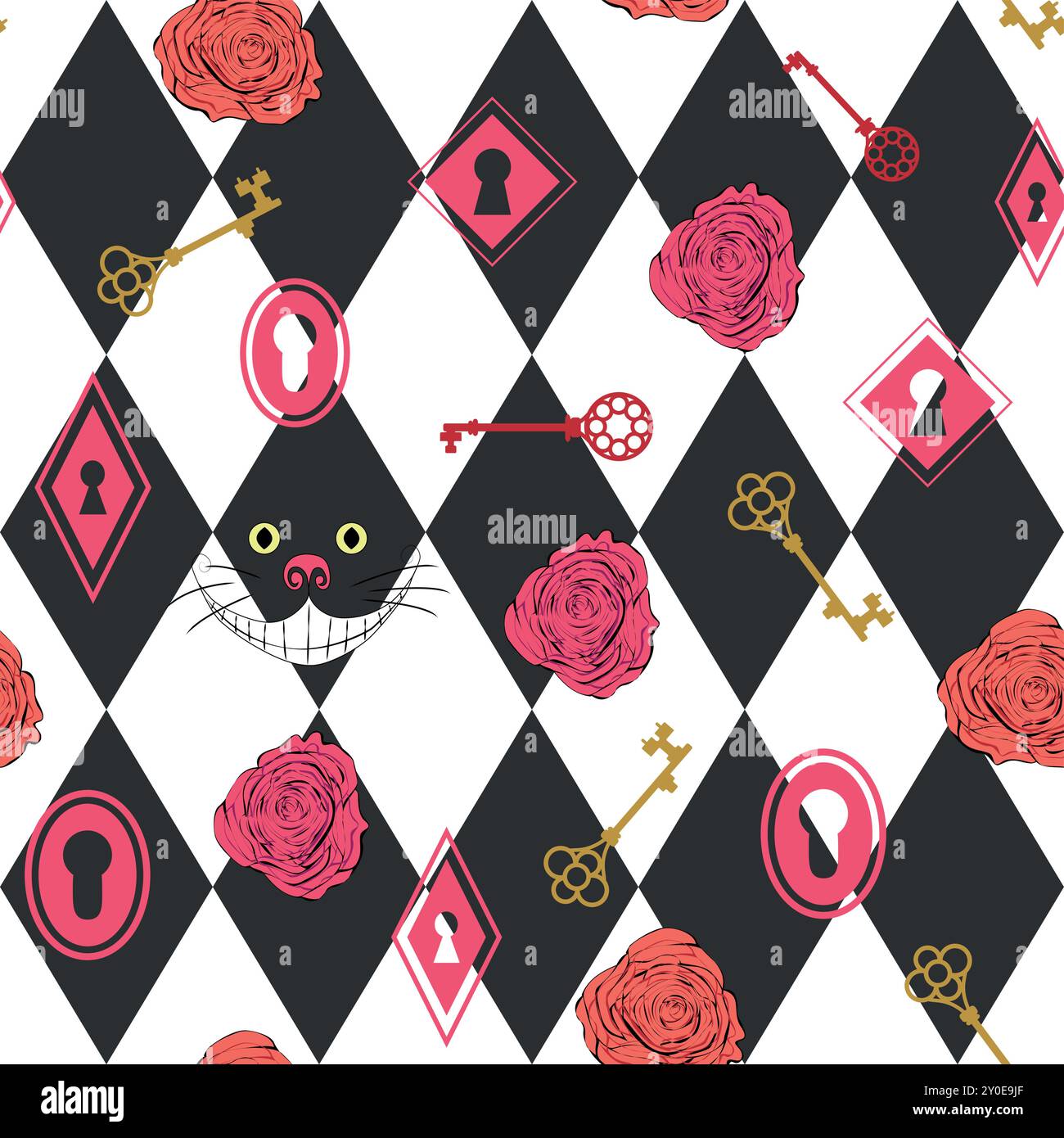 Alice in Wonderland seamless pattern. Roses, keyhole, key, Cheshire cat ...