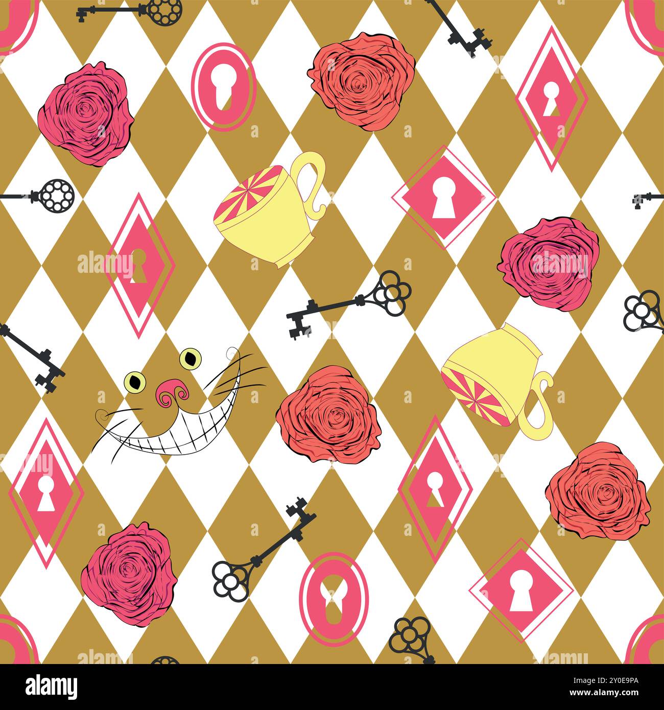 Alice in Wonderland seamless pattern. Roses, keyhole, key, Cheshire cat ...