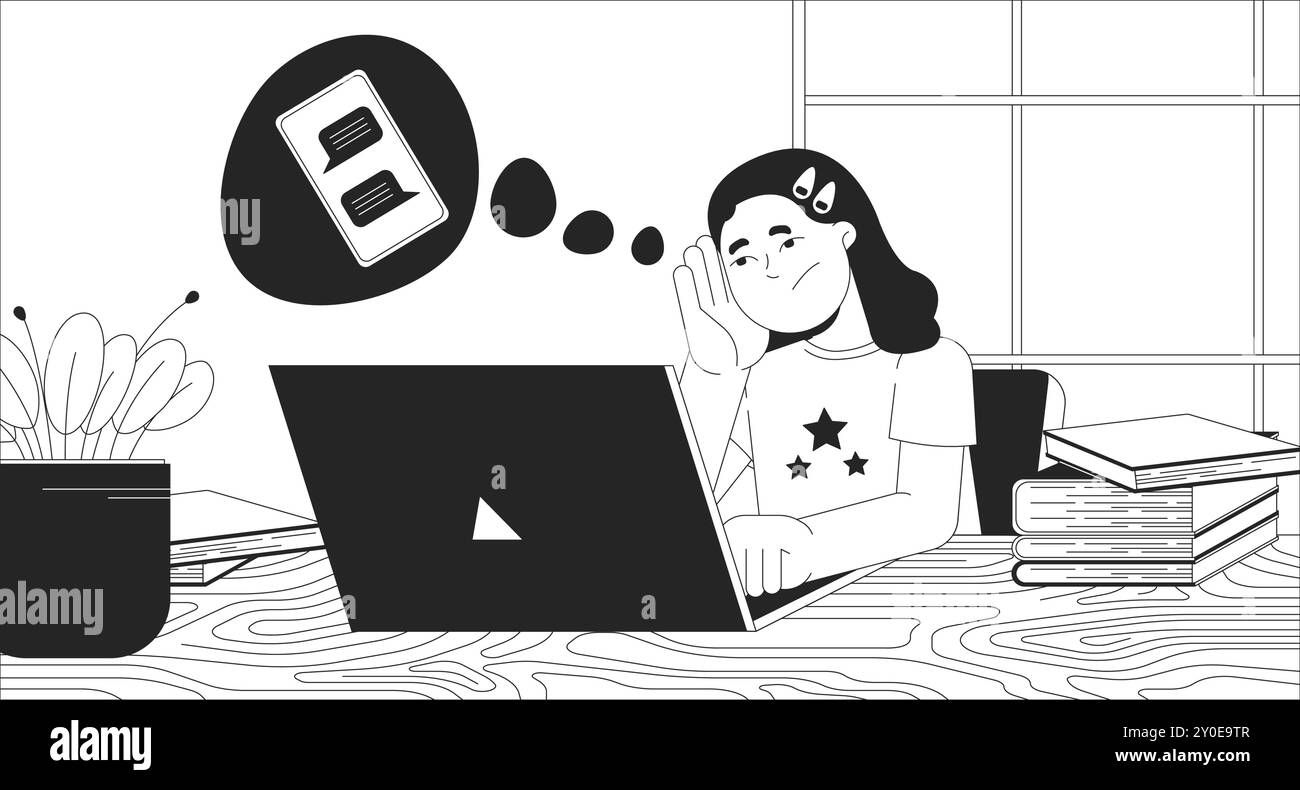 Upset girl student doing homework on laptop black and white line ...