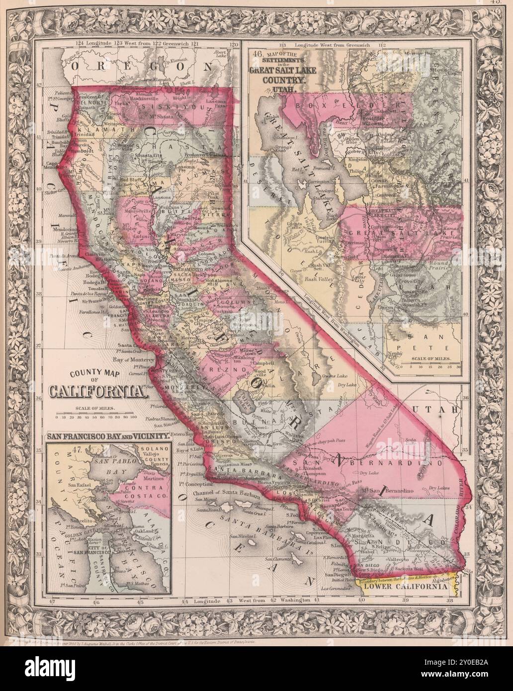 Vintage 19th century Map of California by County. by S. A. Mitchell, jr ...