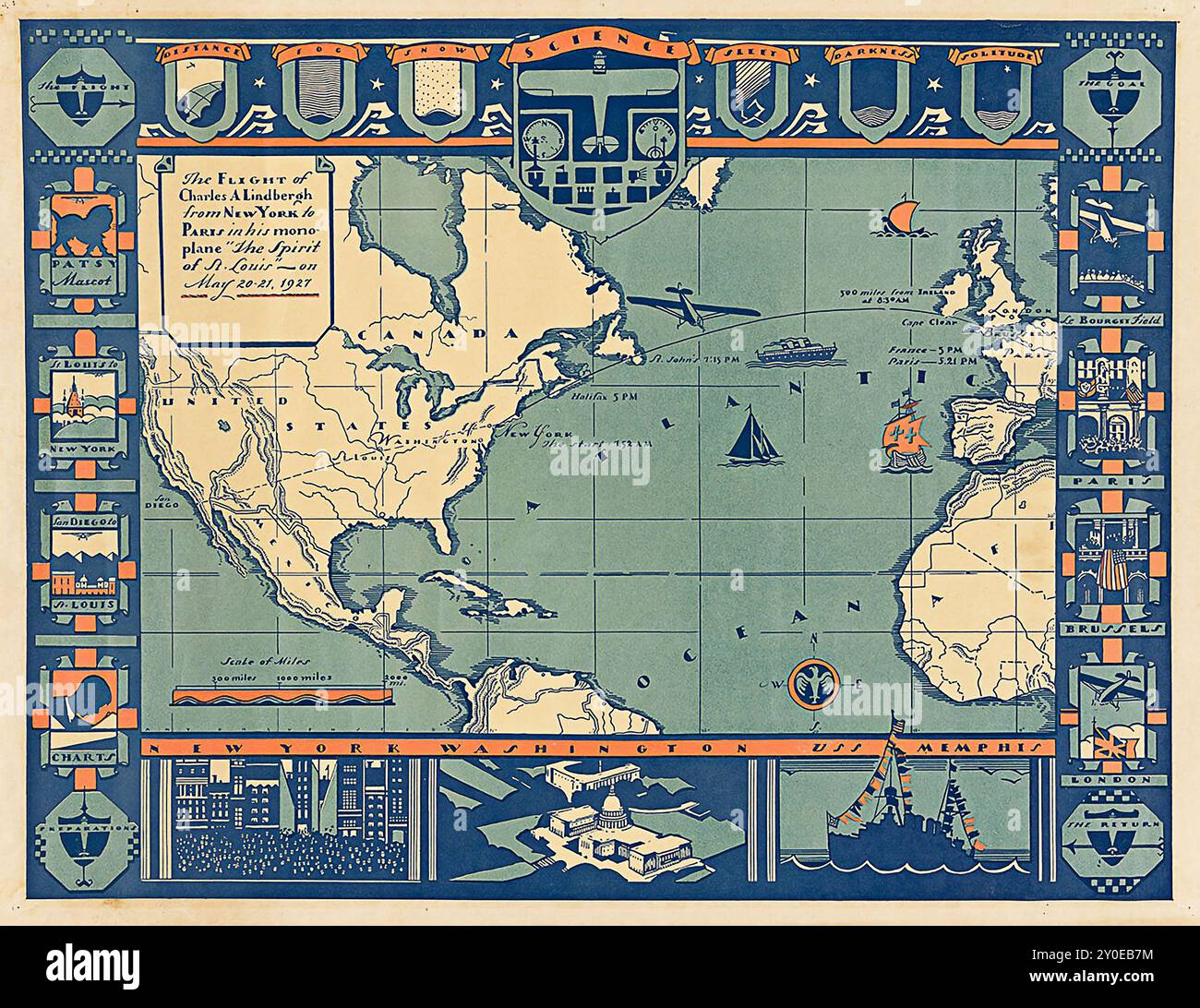 Vintage Souvenir Map showing the Flight of Charles Lindbergh from New ...