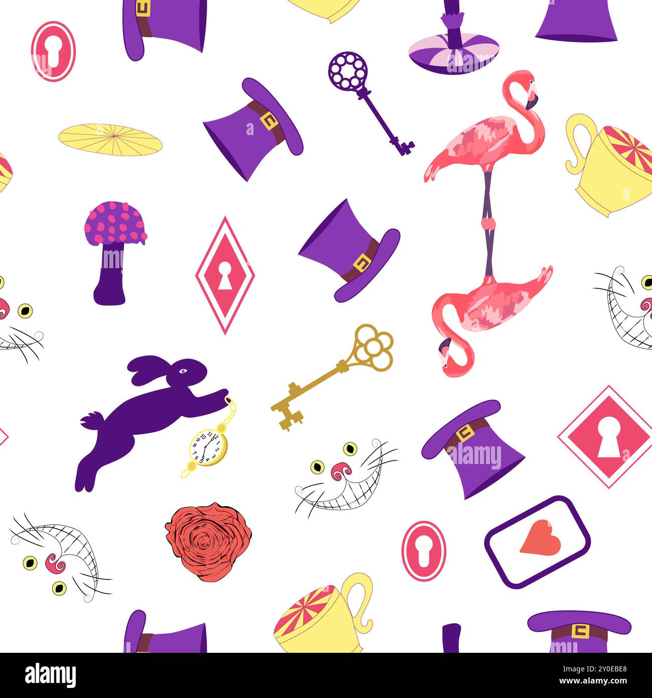 Alice in Wonderland pattern: rabbit, Cheshire cat, flamingo, cards, hat ...