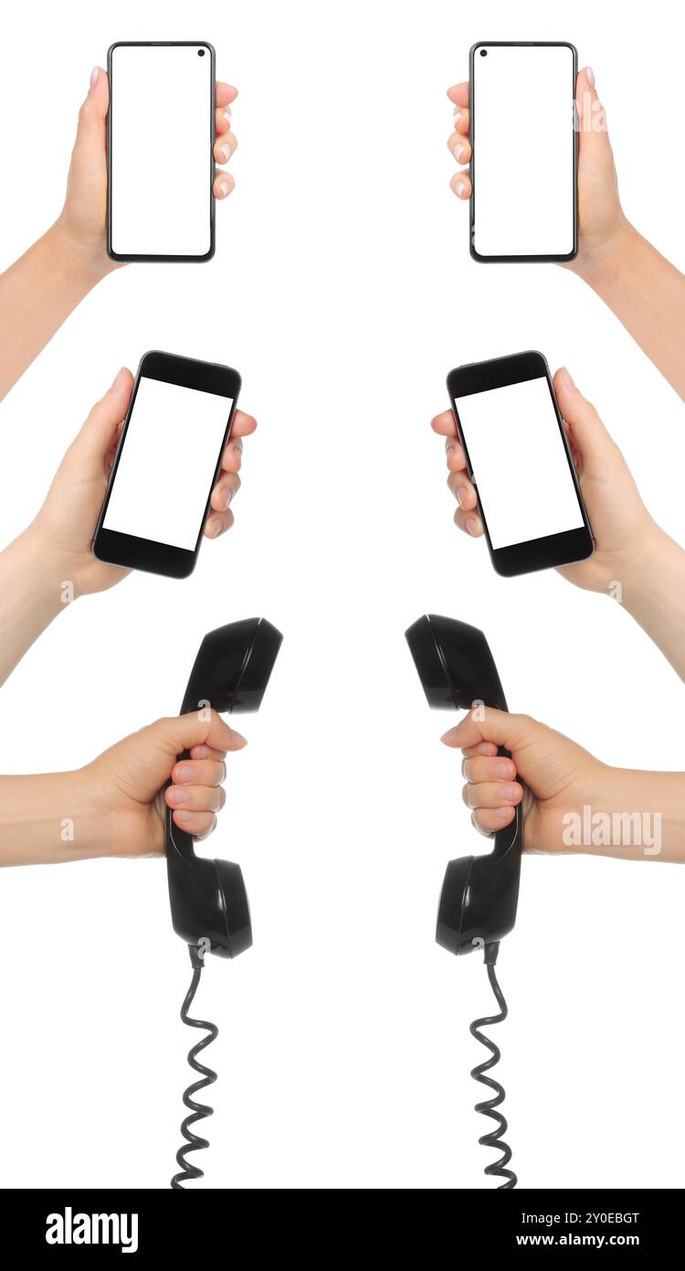 Set of Hands with Phones of Different Eras from retro to modern phones ...