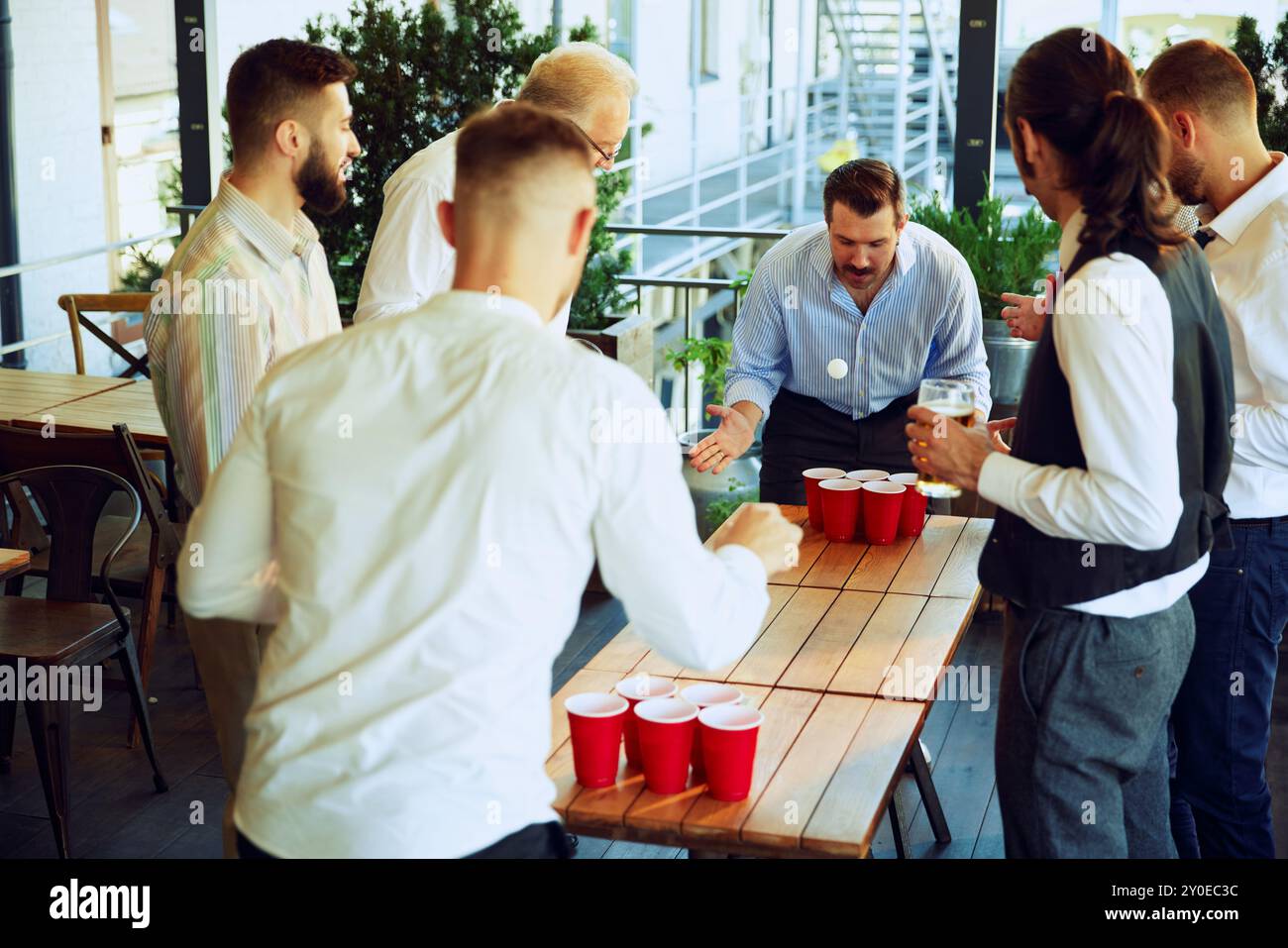 Businessman, people in formal wear meeting at outdoor bar, gathering to ...