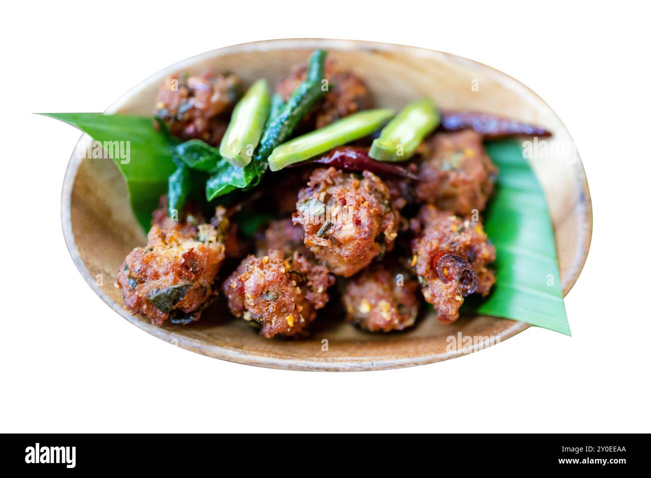 Die cut of Fried spicy pork ball salad(Laab Moo Tod) on white isolated ...