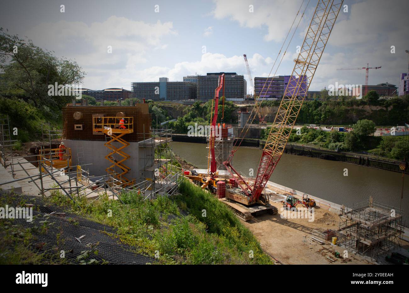 The early stage of construction of a new bridge which will cross the ...