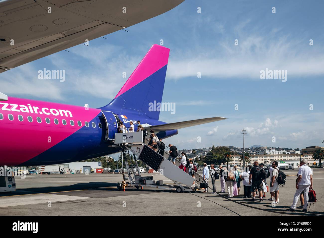 Nice, France - August 5, 2024: Wizz Air aircraft boarding passengers at ...