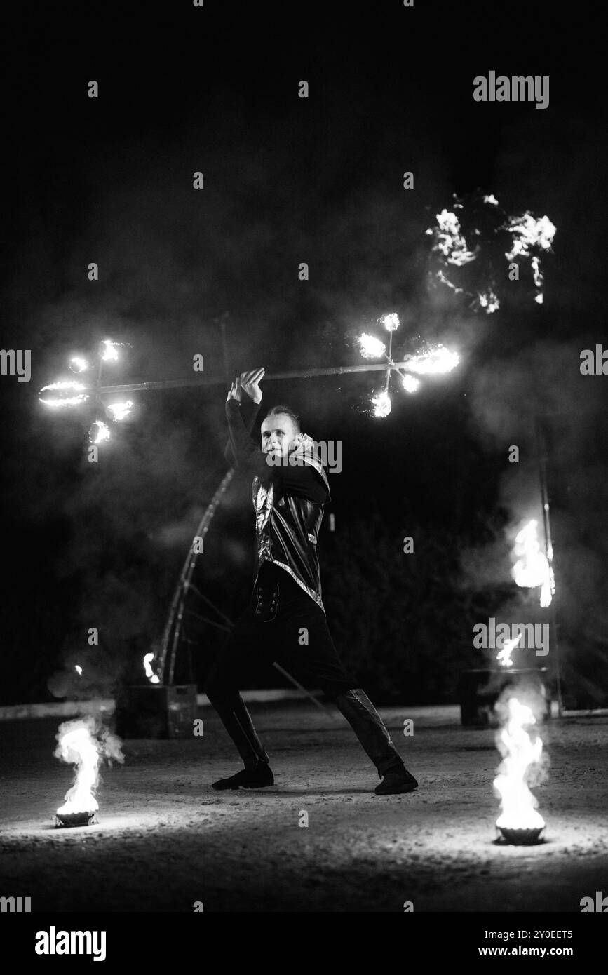 night performance open air fire show with dangerous kerosene Stock ...