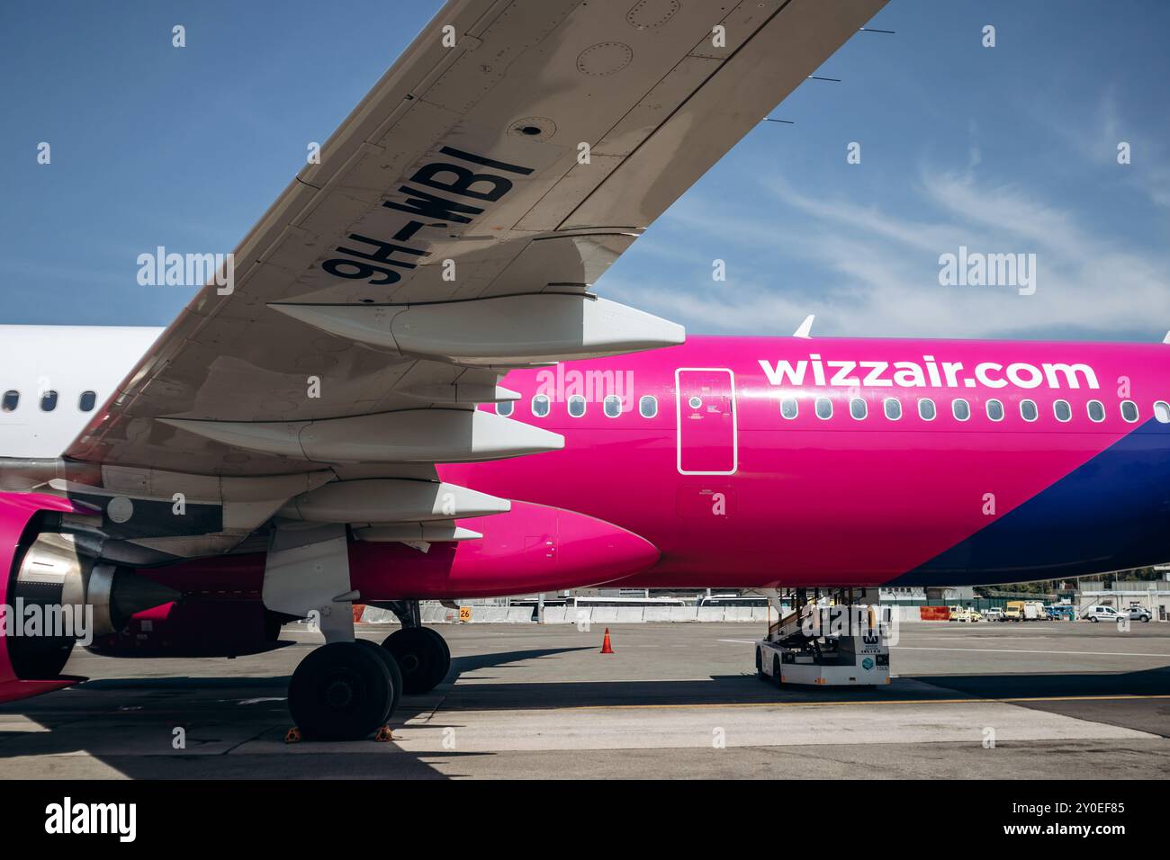 Nice, France - August 5, 2024: Wizz Air aircraft boarding passengers at ...