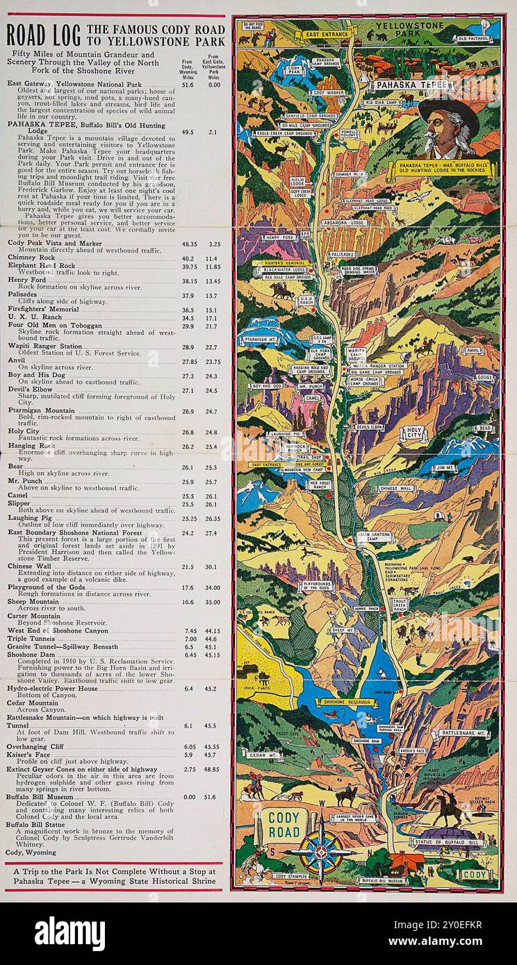 Vintage illustrated tourist map of the Road Log along the Cody Road to ...
