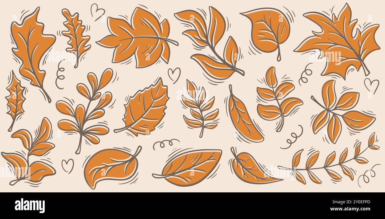 Dried autumn leaves doodle sketch style illustration. Falling colorful ...